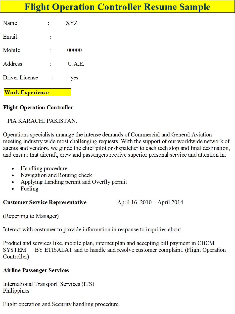Flight Operation Controller Resume Sample — Latest Resume Sample