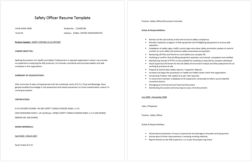 Safety Officer Resume Sample — Latest Resume Sample