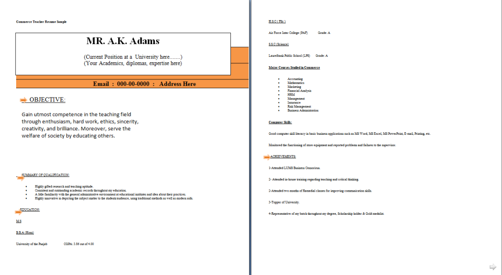 Commerce Teacher Resume Sample — Latest Resume Sample