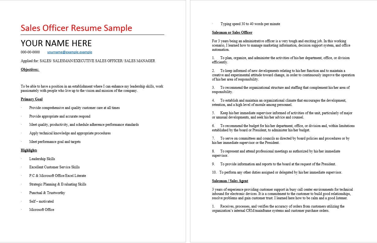 Sales Officer Resume Sample — Latest Resume Sample