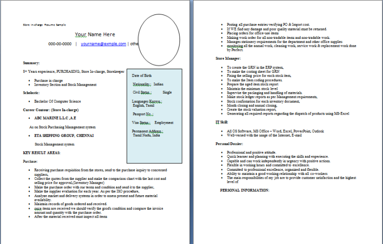 Store In-charge Resume Sample — Latest Resume Sample